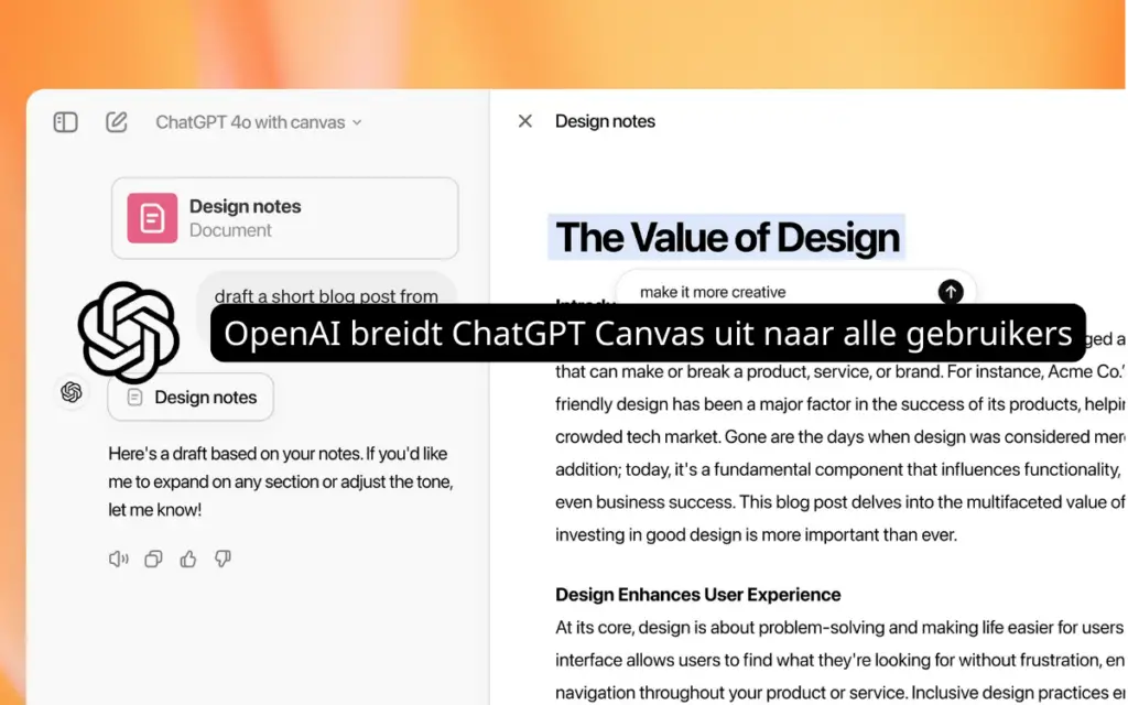 OpenAI breidt ChatGPT Canvas uit naar alle gebruikers - GPTNederlands